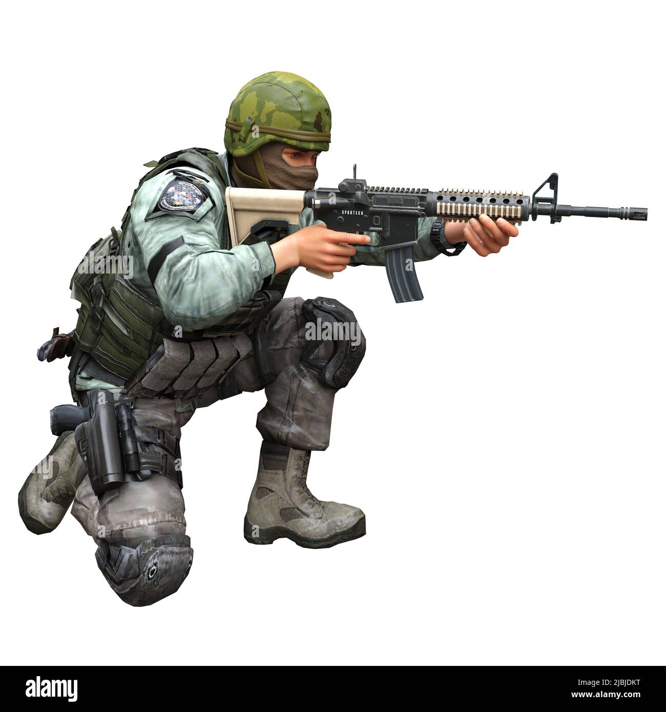 3D illustration soldier with a machine gun isolated white background ...