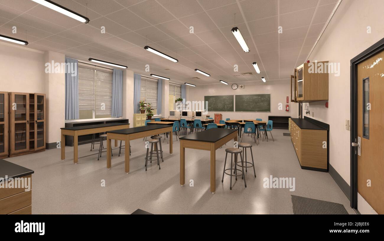 3D illustration classroom of the school without student and teacher ...