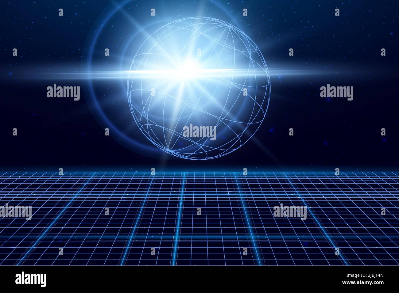 Perspective grid with wireframe shape and lens flare. Space neon ...