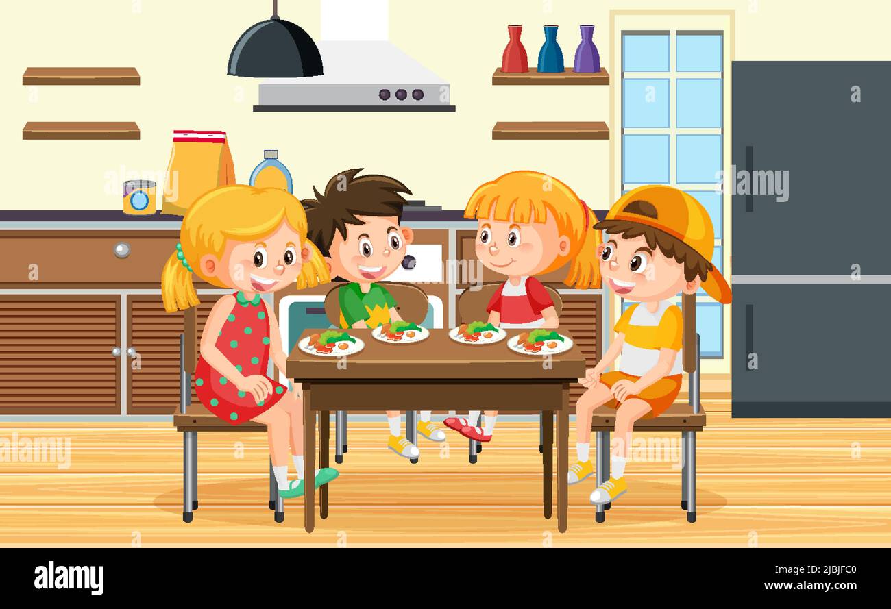Children having meal in kitchen illustration Stock Vector Image & Art ...