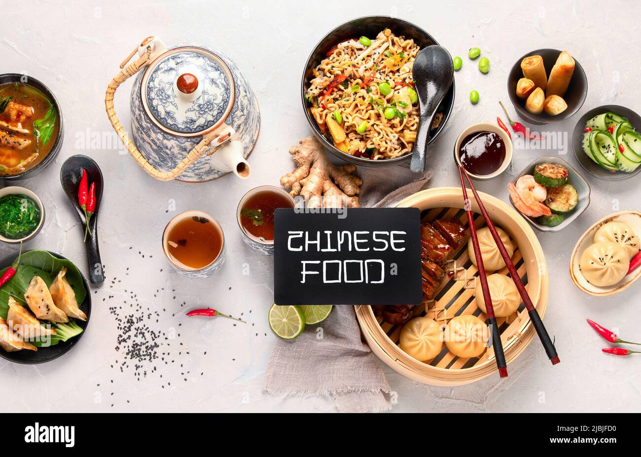 Assorted Chinese food set on light background. Traditional food concept ...
