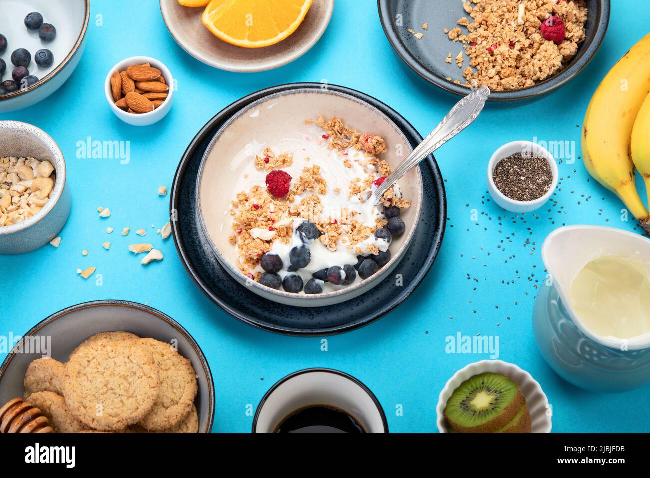 Healthy breakfast on colourfull background. Flatlay with tasty food ...