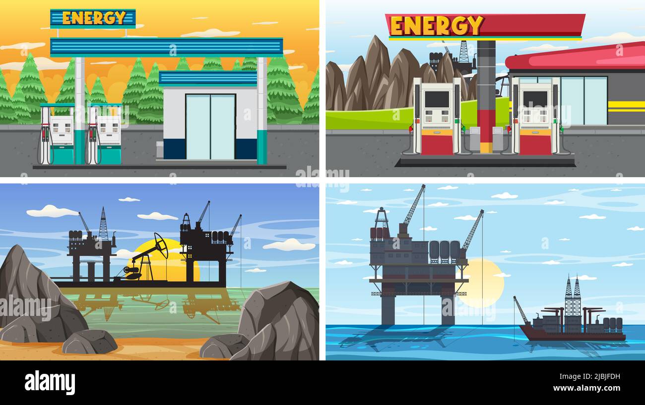 Four different petroleum industry scenes illustration Stock Vector ...