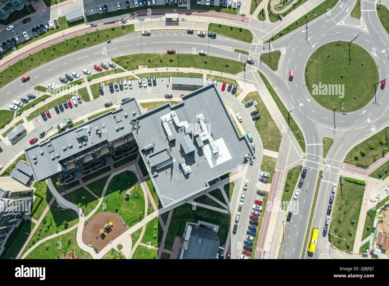 roundabout junction in suburban residential area. birds eye view Stock ...