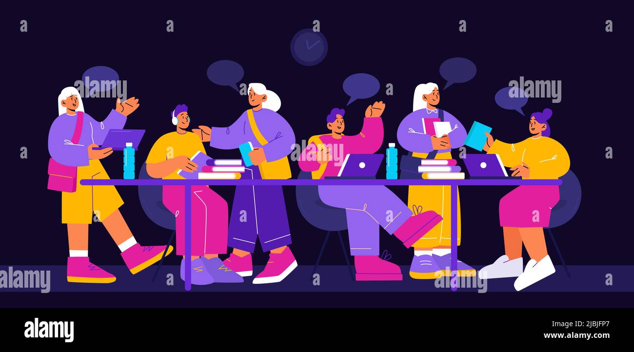 School or college students, young people study together. Vector flat ...