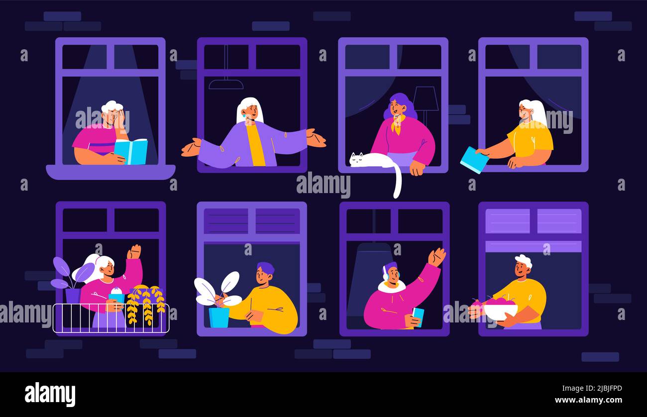 Happy neighbors in windows on house facade. Concept of positive ...