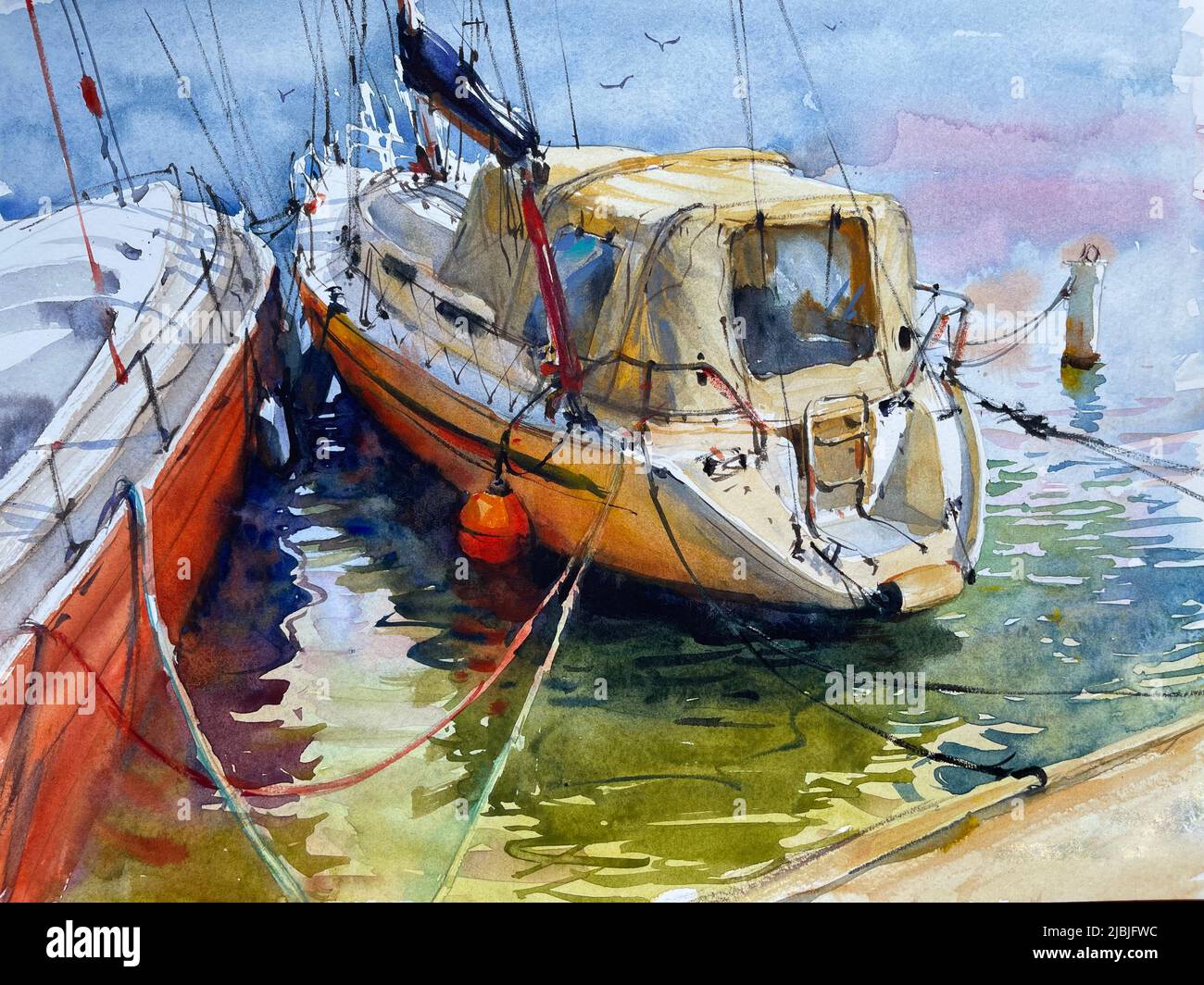 Yacht watercolor painting. Colorful watercolor hand painted ...