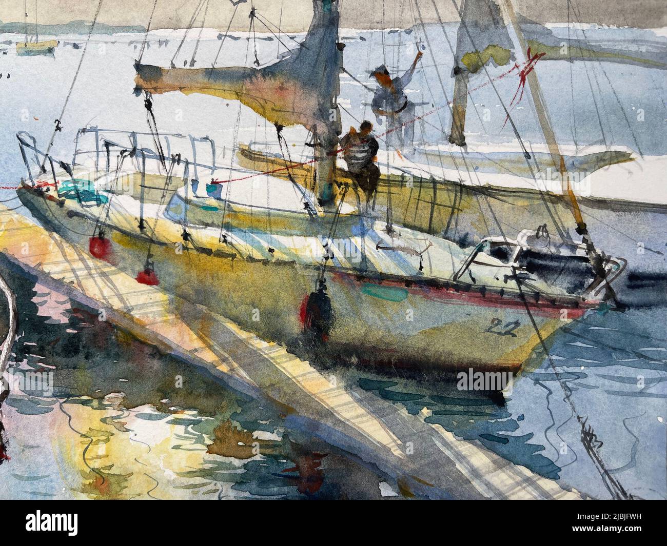 Yacht watercolor painting. Colorful watercolor hand painted ...
