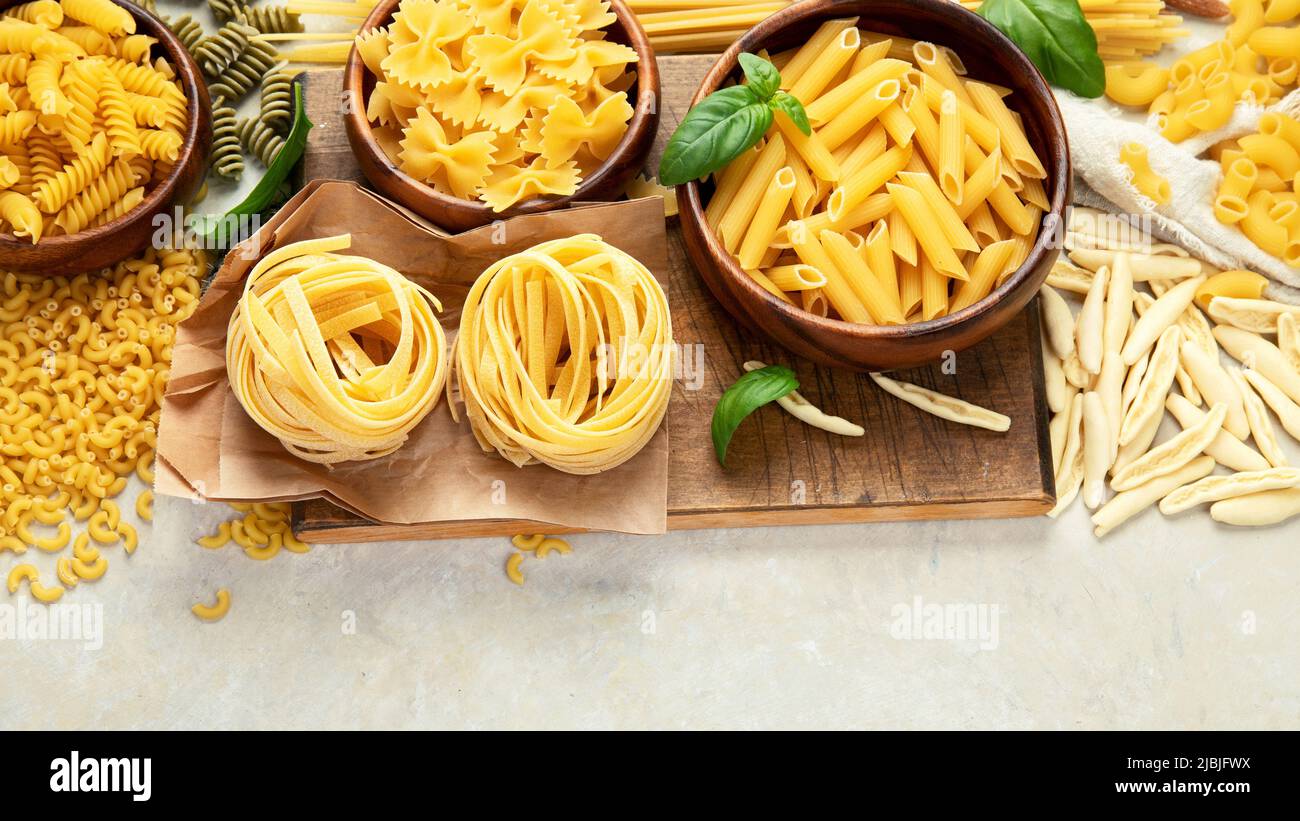 Italian pasta variety on light background. Traditional food concept ...