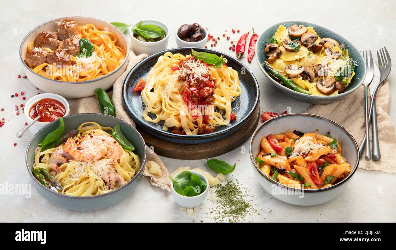 Italian pasta assortment on light background. Traditional food concept ...