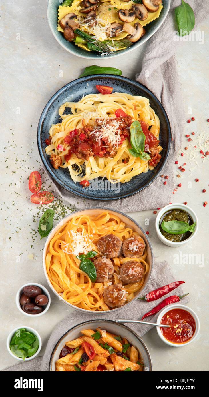 Italian pasta assortment on light background. Traditional food concept ...