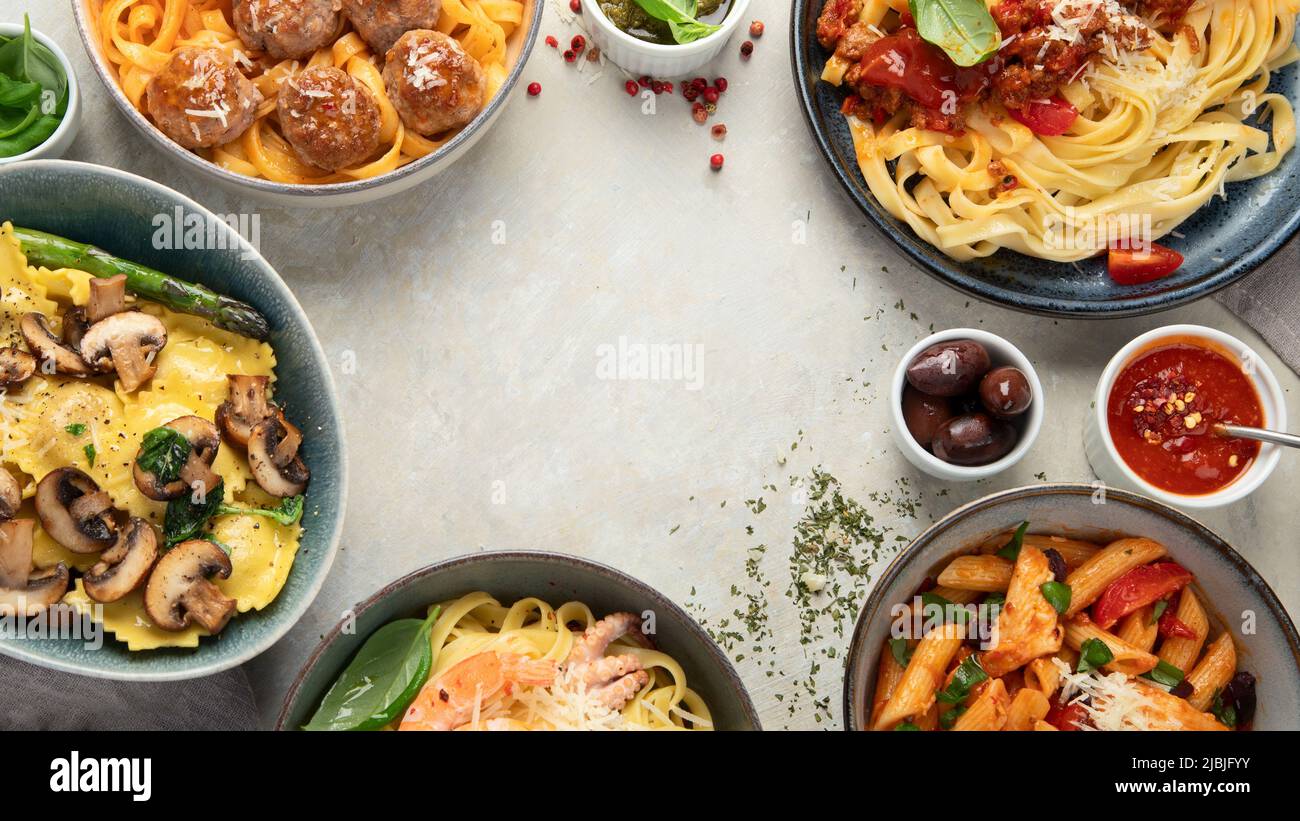 Italian pasta assortment on light background. Traditional food concept ...