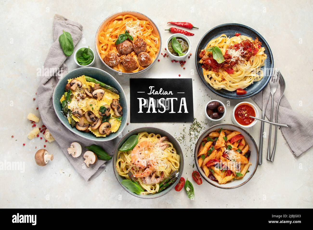 Italian pasta assortment on light background. Traditional food concept ...