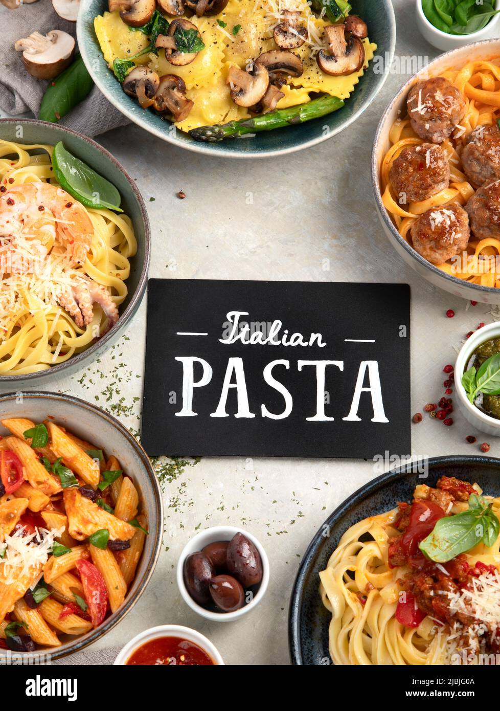 Italian pasta assortment on light background. Traditional food concept ...