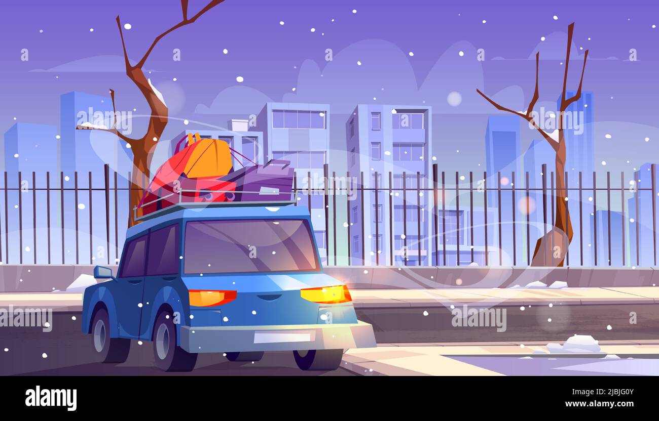 Car with luggage and bags on roof rear view driving asphalt road at ...