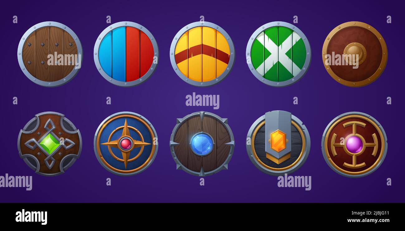 Wooden and metal round shields. Medieval armor of viking, knight ...