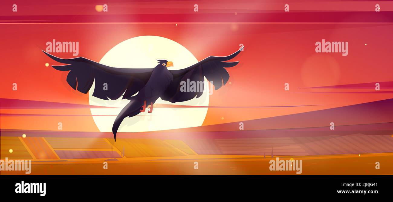 Rural landscape with flying black raven above agriculture fields on ...
