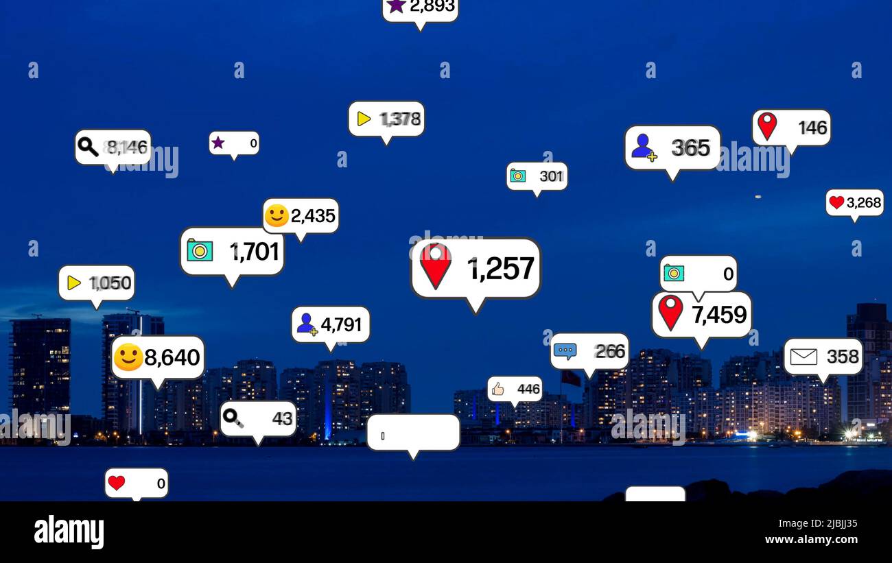 Social media icons fly over city downtown showing people engagement ...