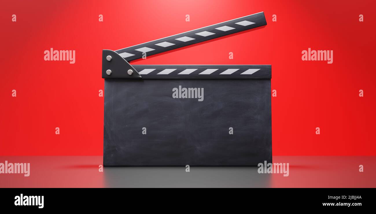 Movie clapper, blank empty cinema scene clapperboard on red background ...