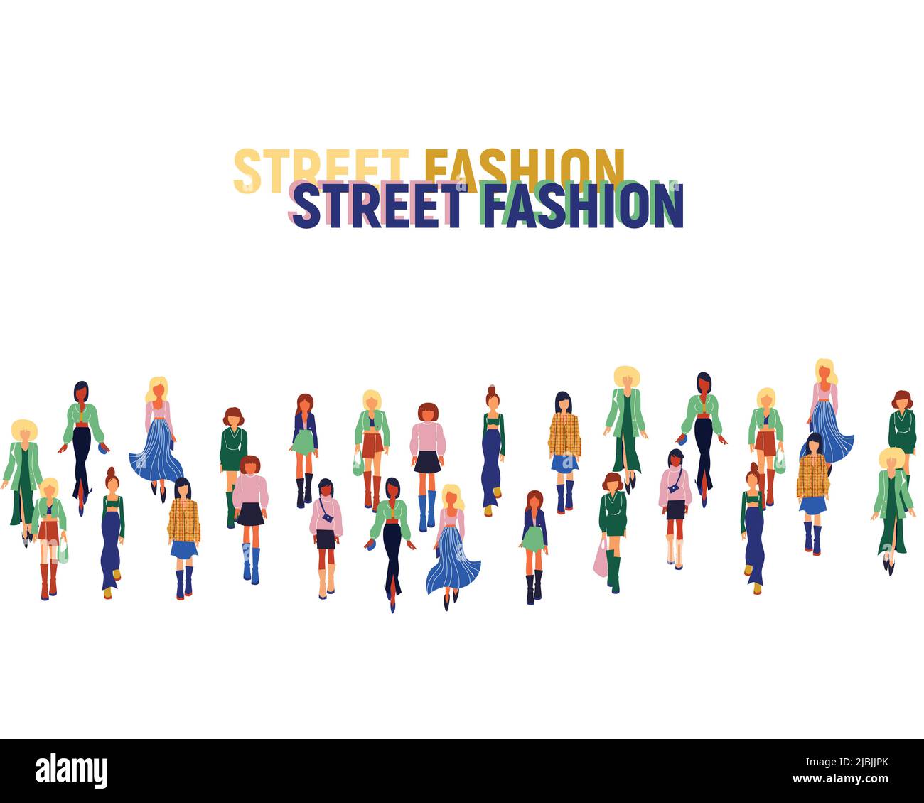 Stylish young women dressed in trendy clothes. Crowd of girls Stock ...
