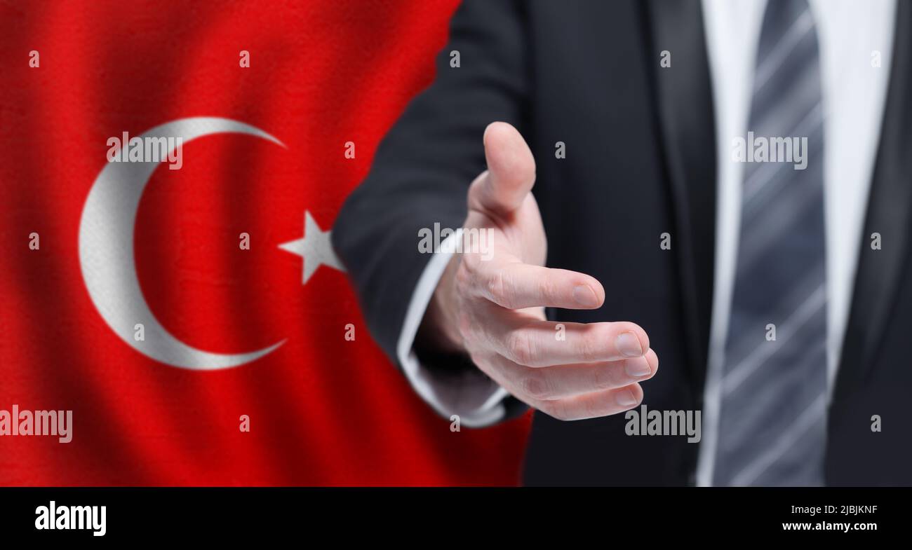 Turkish business, politics, cooperation and travel concept. Hand on ...