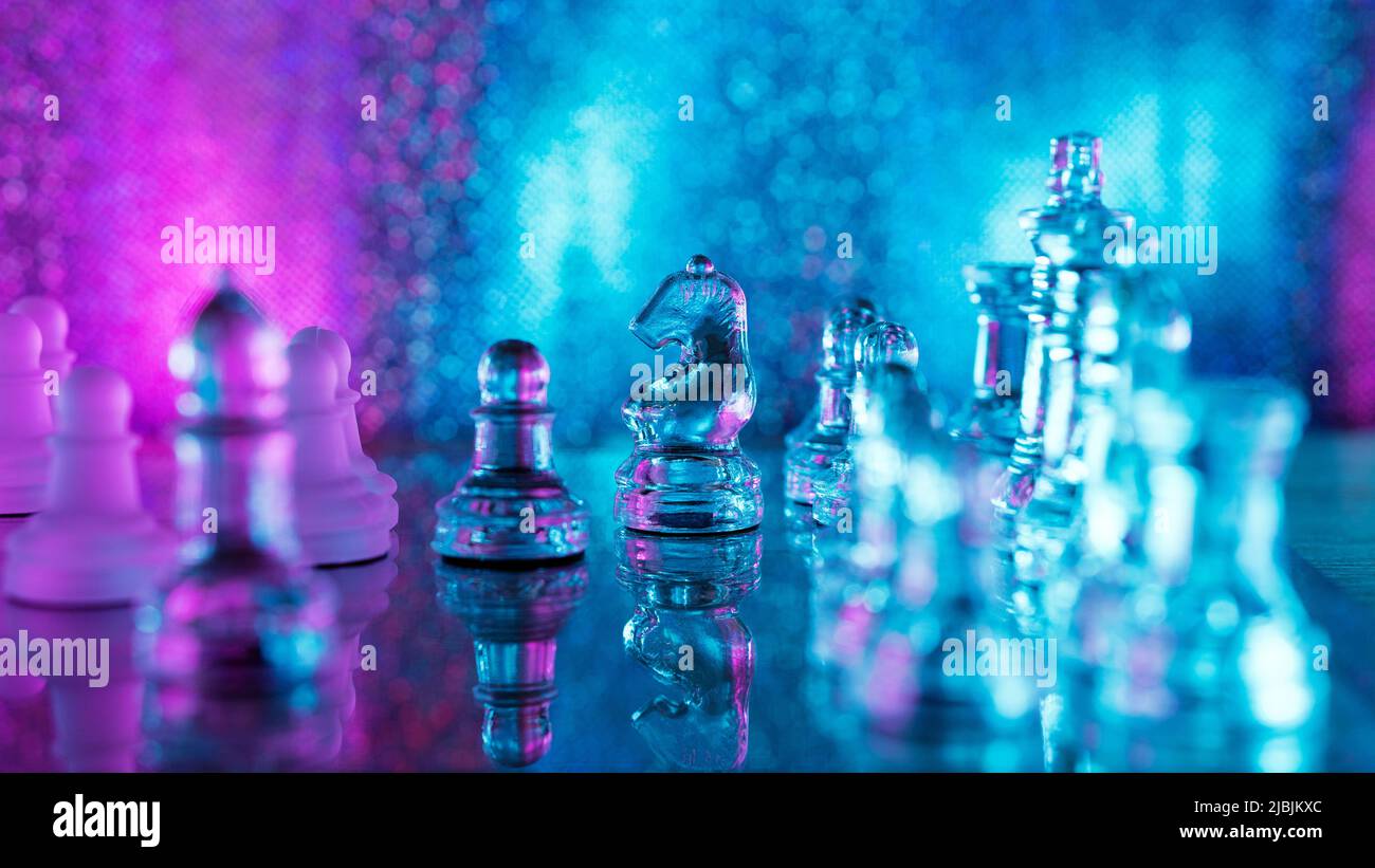 Chess game with glass transparent chess on translucent chessboard ...