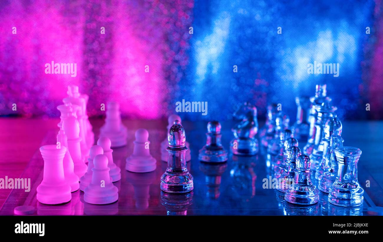 Chess game with glass transparent chess on translucent chessboard ...