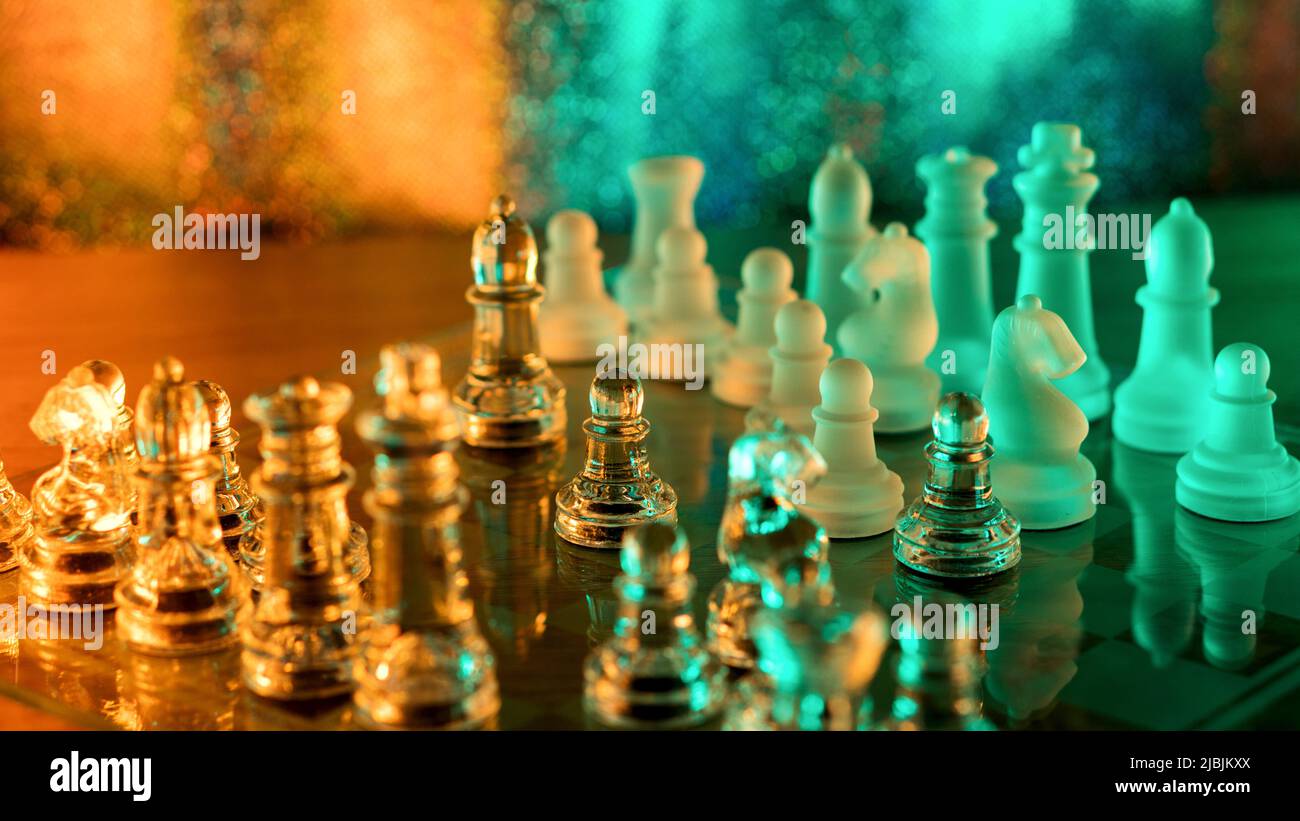 Chess game with glass transparent chess on translucent chessboard ...
