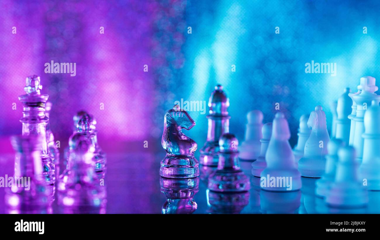 Chess game with glass transparent chess on translucent chessboard ...