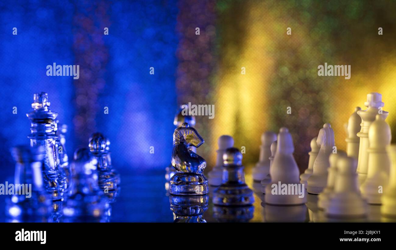 Chess game with glass transparent chess on translucent chessboard ...