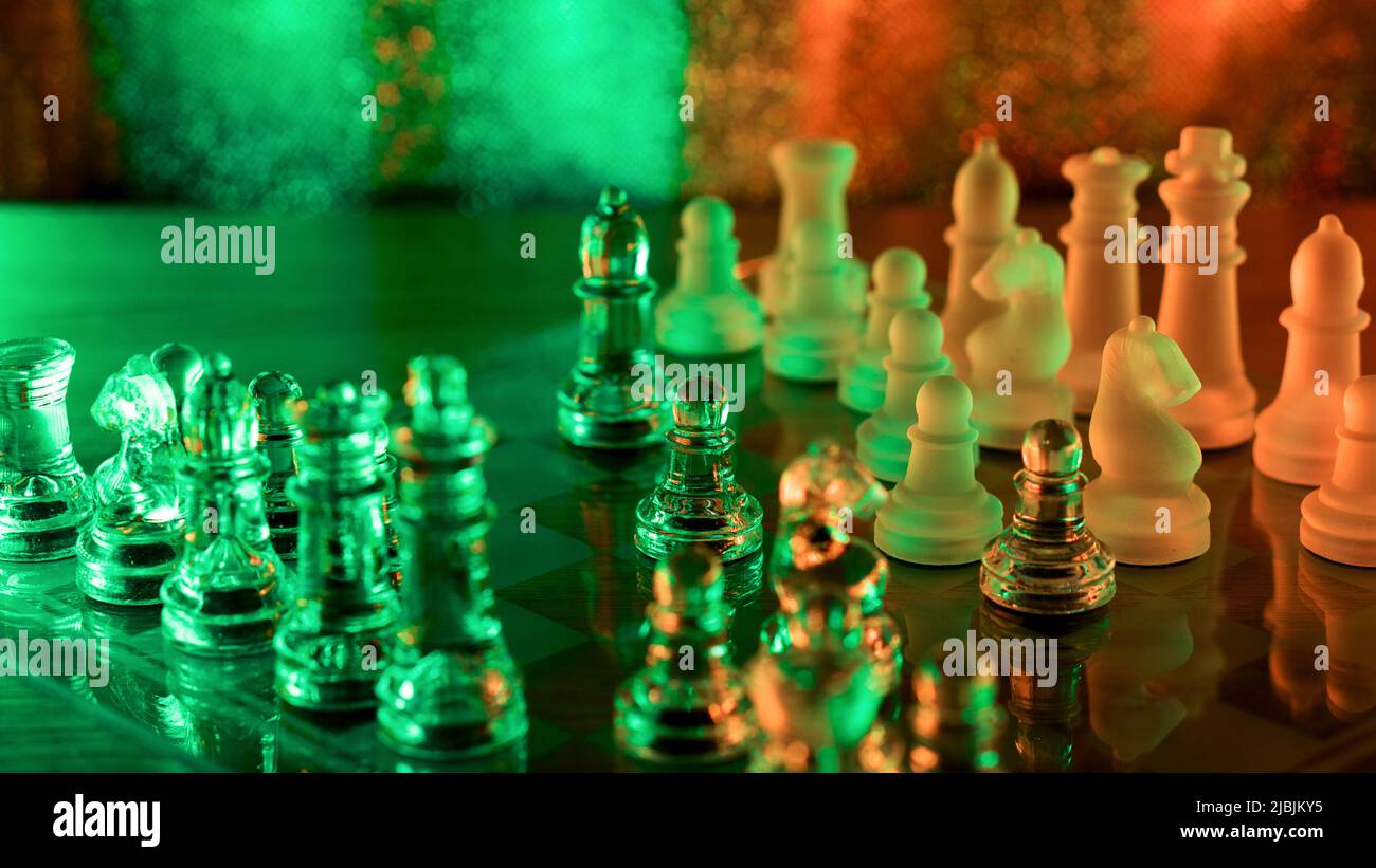 Chess game with glass transparent chess on translucent chessboard ...