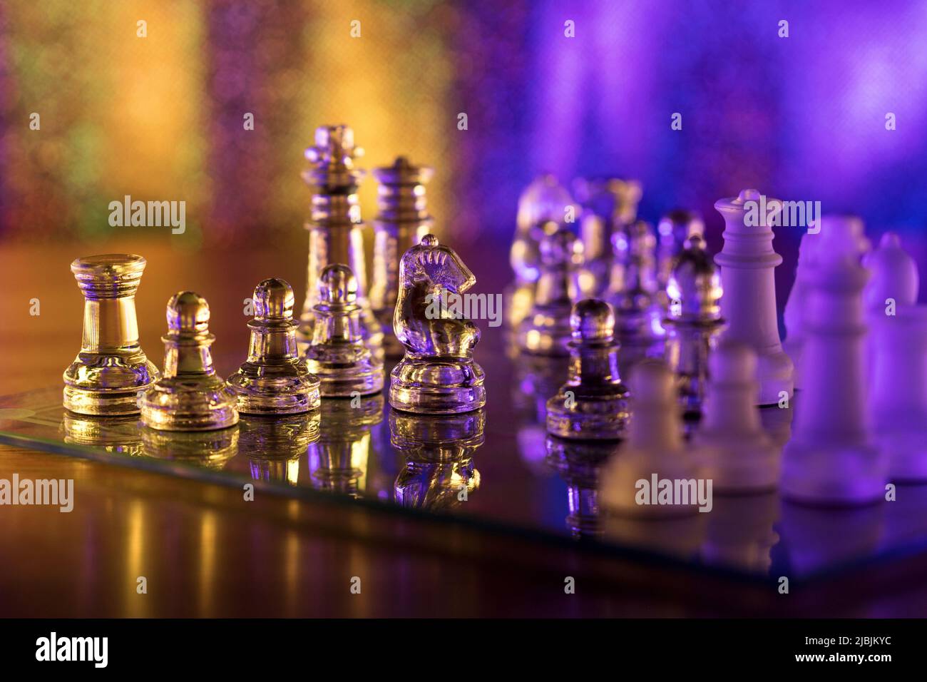 Chess game with glass transparent chess on translucent chessboard ...