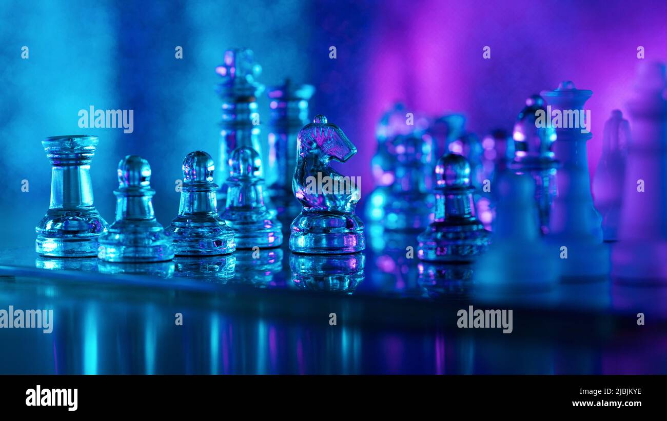 Chess game with glass transparent chess on translucent chessboard ...