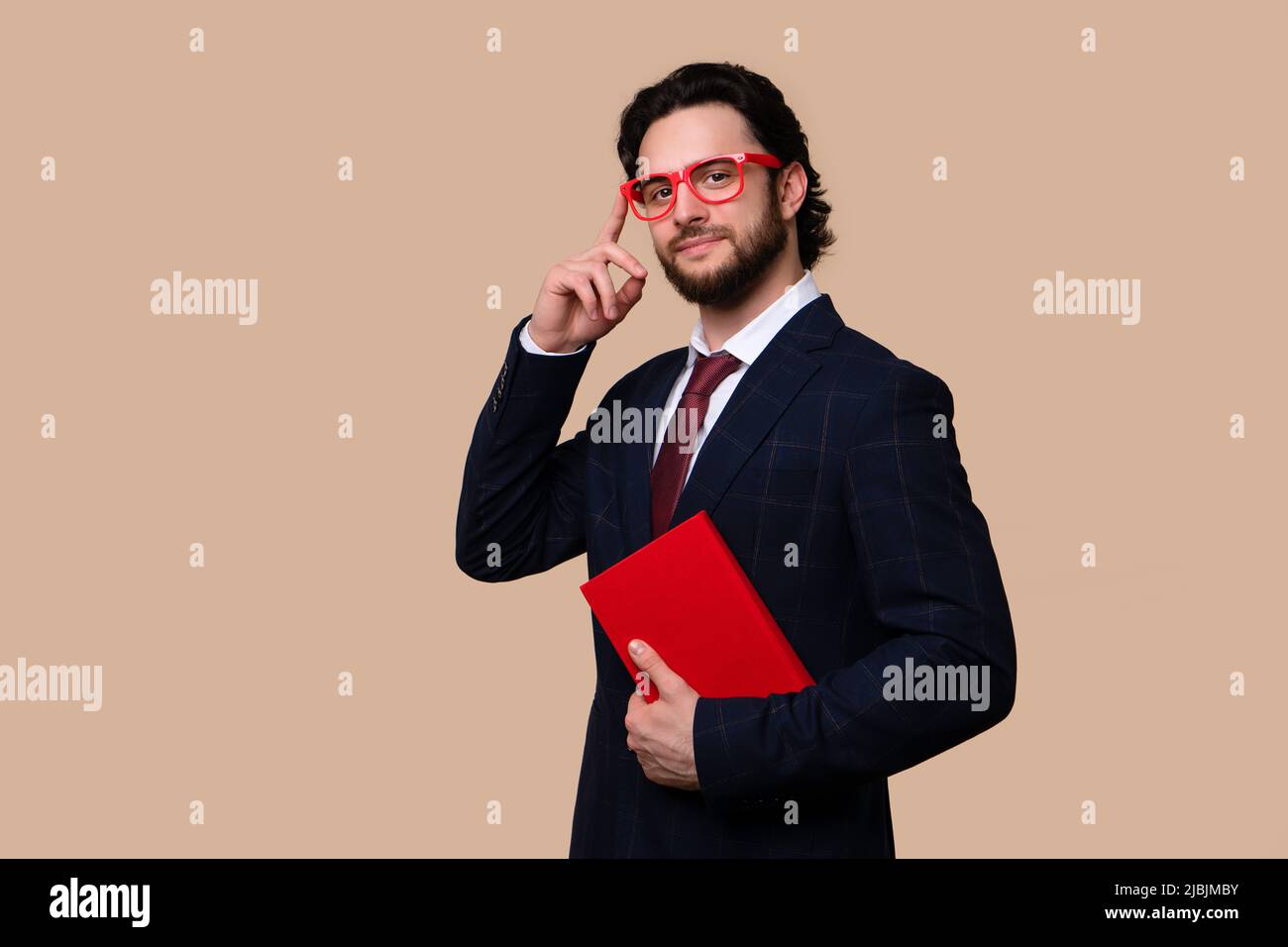 Handsome Bearded Man Wears Suit Tie and Red Eyewear Hold Book. Manager ...