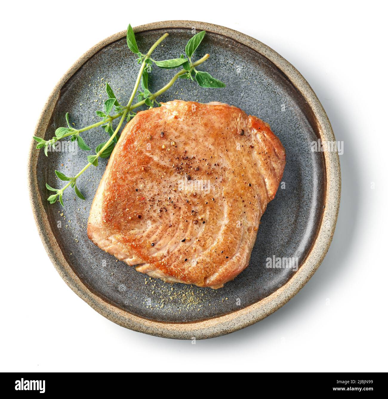 freshly roasted tuna fish steak on ceramic plate isolated on white ...