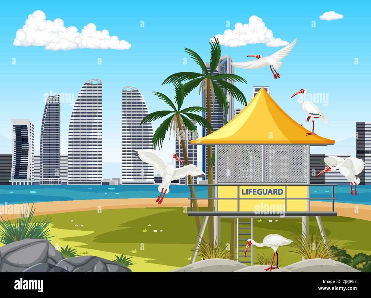 Beach scene with lifeguard tower illustration Stock Vector Image & Art ...