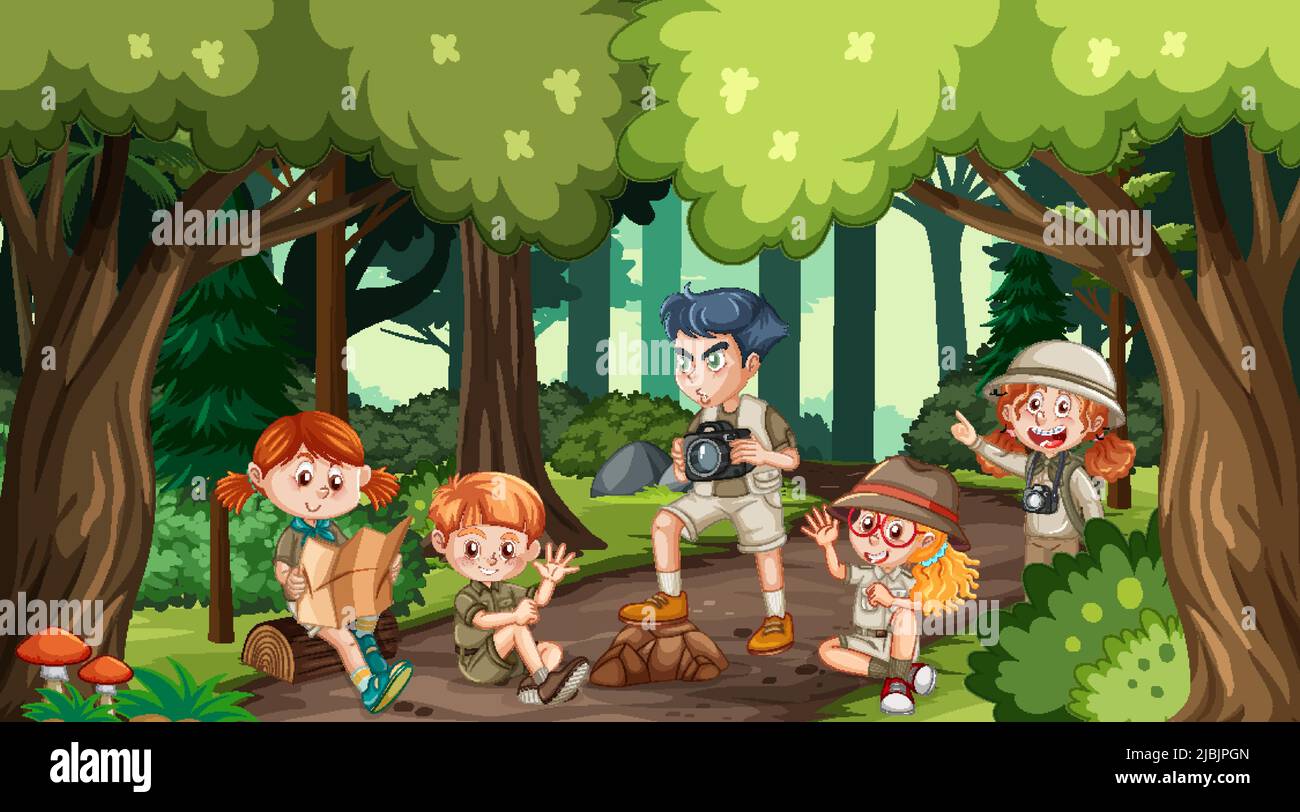 Children hiking in the forest illustration Stock Vector Image & Art - Alamy