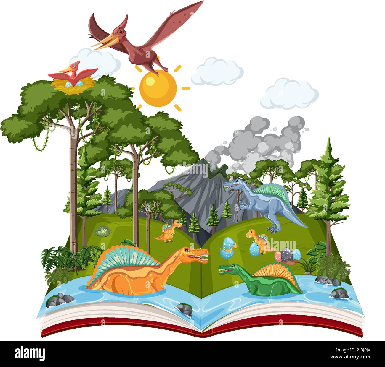 Opened book with various dinosaurs in the forest illustration Stock ...