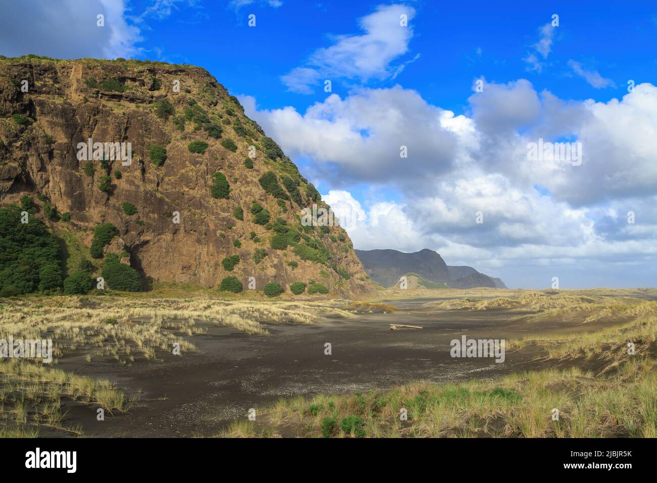 The black sand beach and steep cliffs at Karekare, New Zealand. The ...