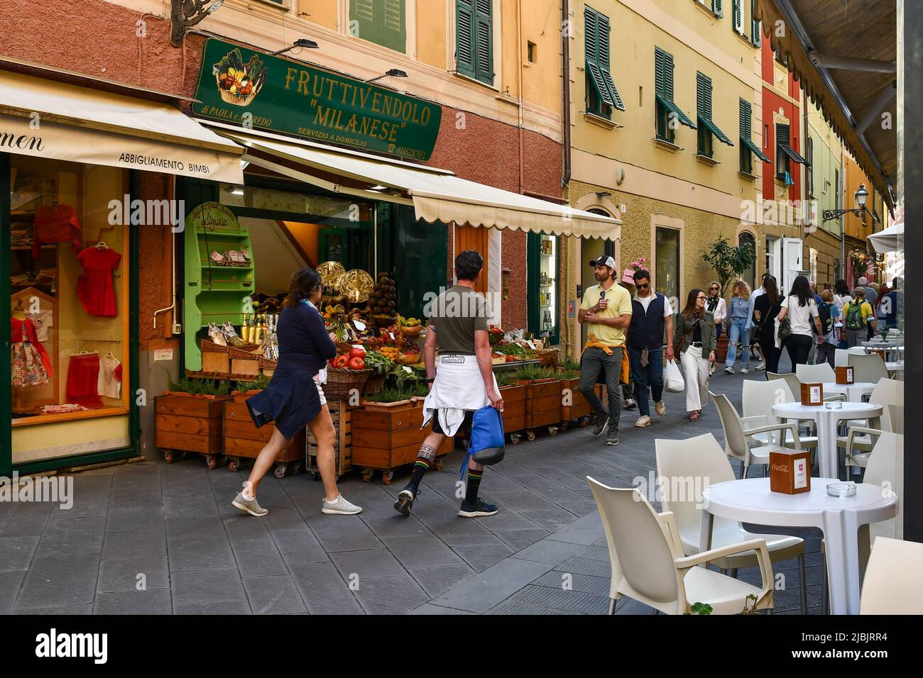 Street view of the old fishing village of the Italian Riviera with a ...
