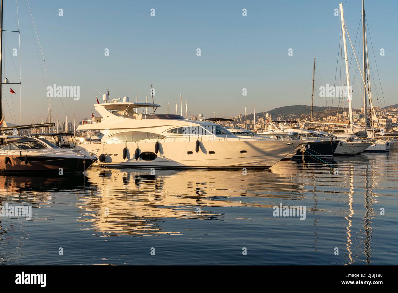 View of marina and yachts shot from opposite angle with selective focus ...