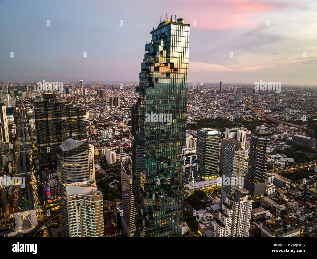 Aerial view of King Power Mahanakhon tower in Sathorn Silom central ...