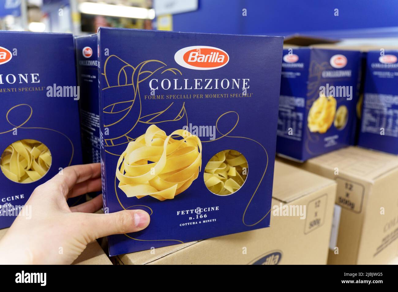 Tyumen, Russia-May 26, 2022: Barilla collezione on a supermarket shelf ...