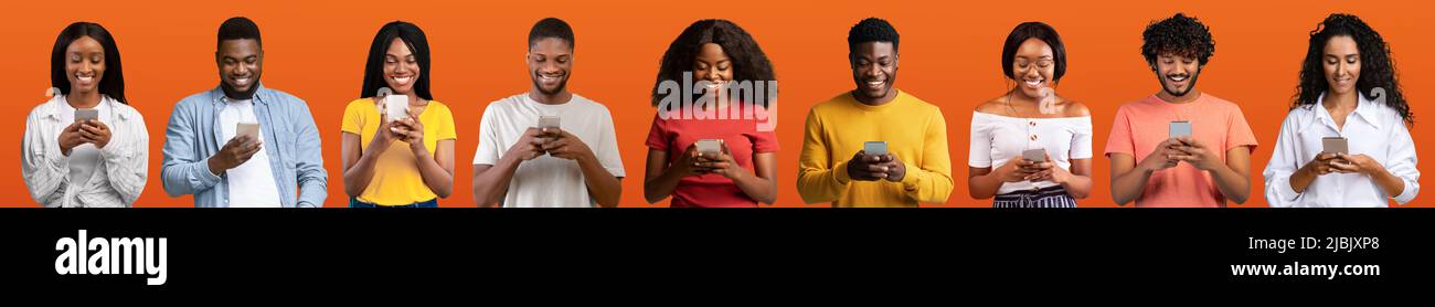Cool App. Group Of Young Black People Using Smartphones Over Orange ...
