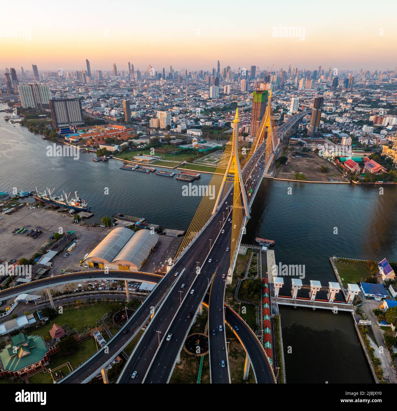 Aerial view of Bhumibol Bridge in Samut Prakan, Bangkok, Thailand Stock ...