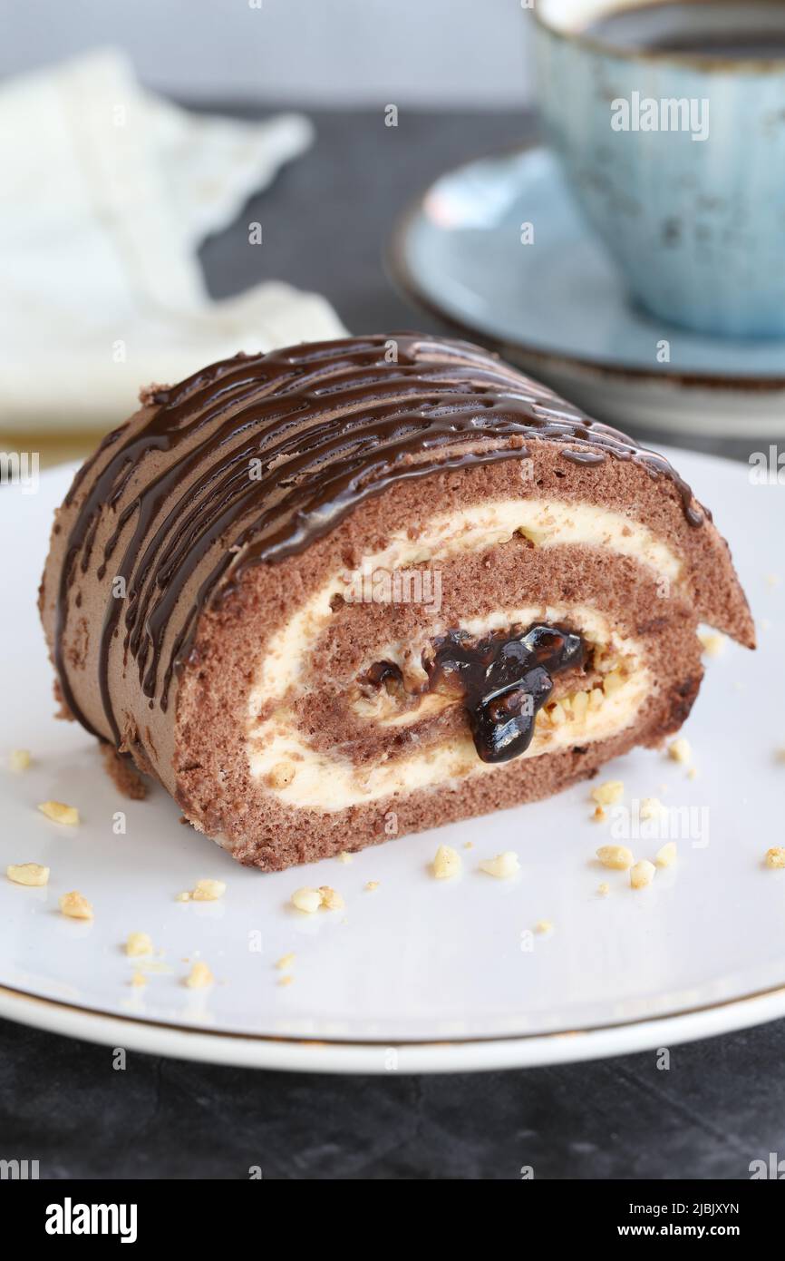 Chocolate Roll Cake. close up Stock Photo - Alamy
