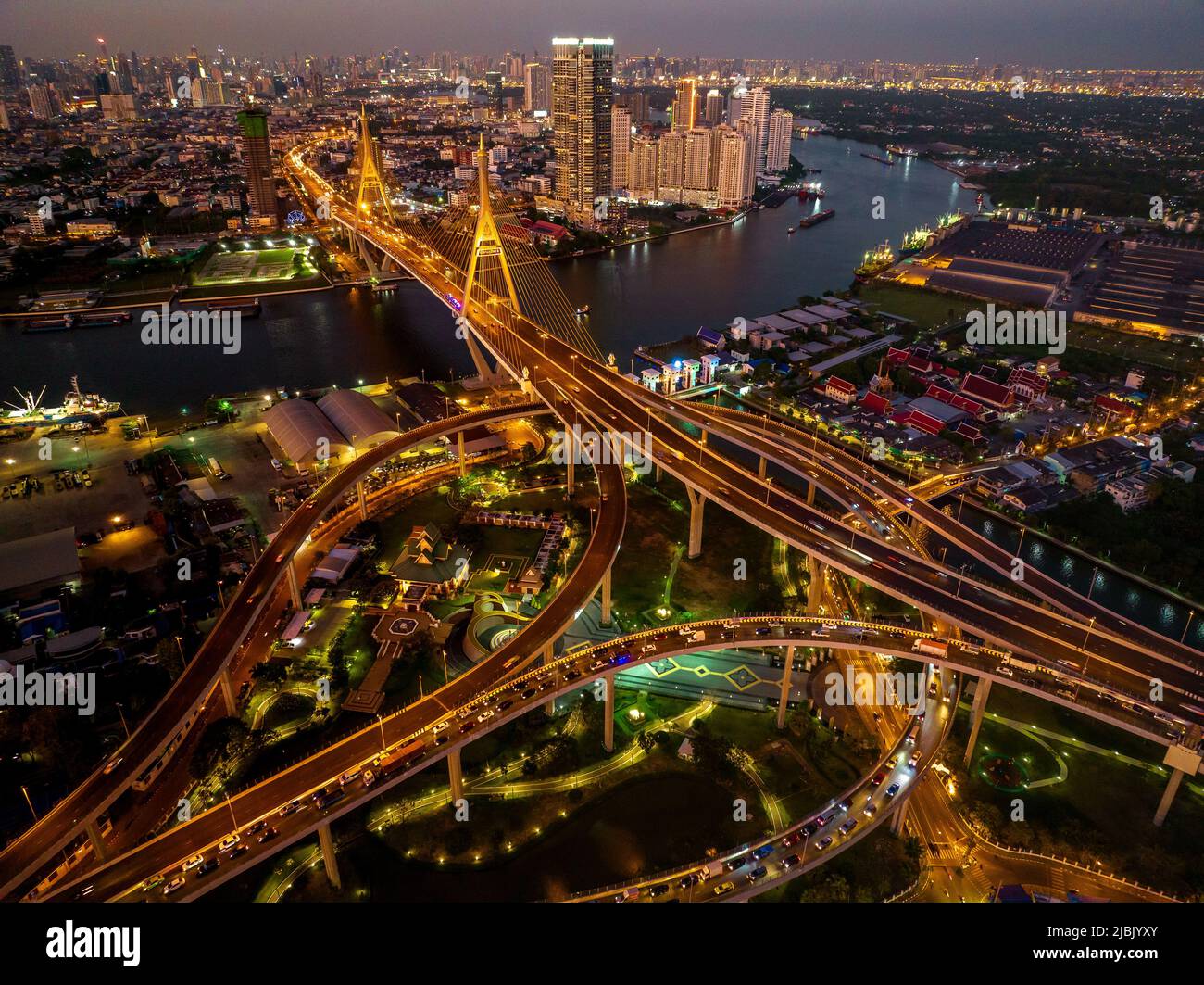 Aerial view of Bhumibol Bridge in Samut Prakan, Bangkok, Thailand Stock ...