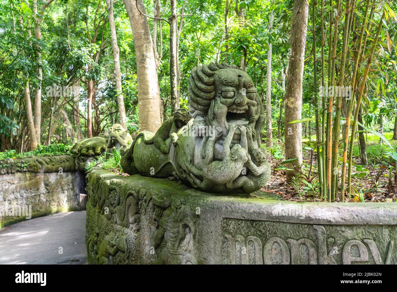 Statue at entry to Sacred Monkey Forest, close view, Ubud, Bali ...