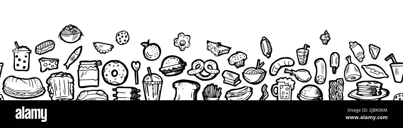 Set of food. Border frame. Baking buns and meat dishes. Hand drawing ...