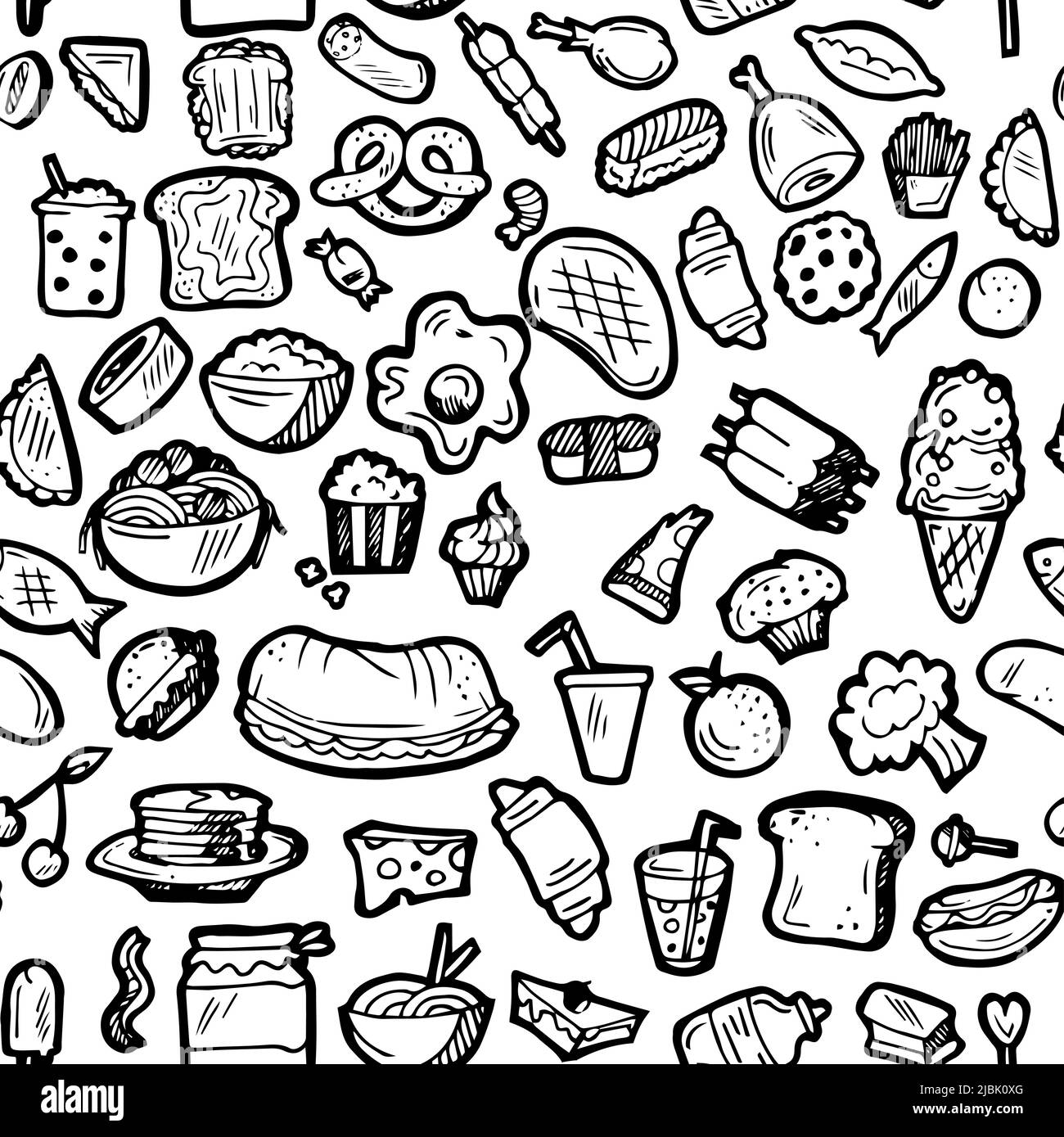 Set of food. Baking buns and meat dishes. Hand drawing outline ...